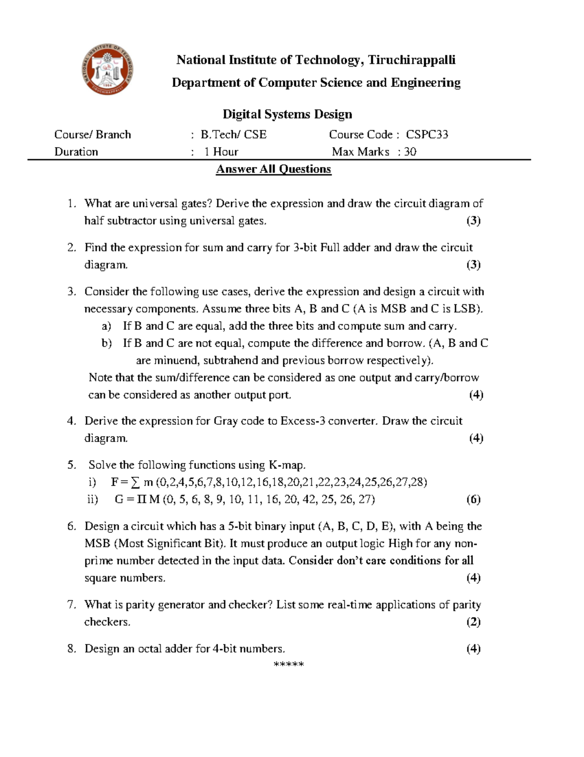 CSPC33 - CT1 - Ct1 question paper - C Digital Systems Design Course ...
