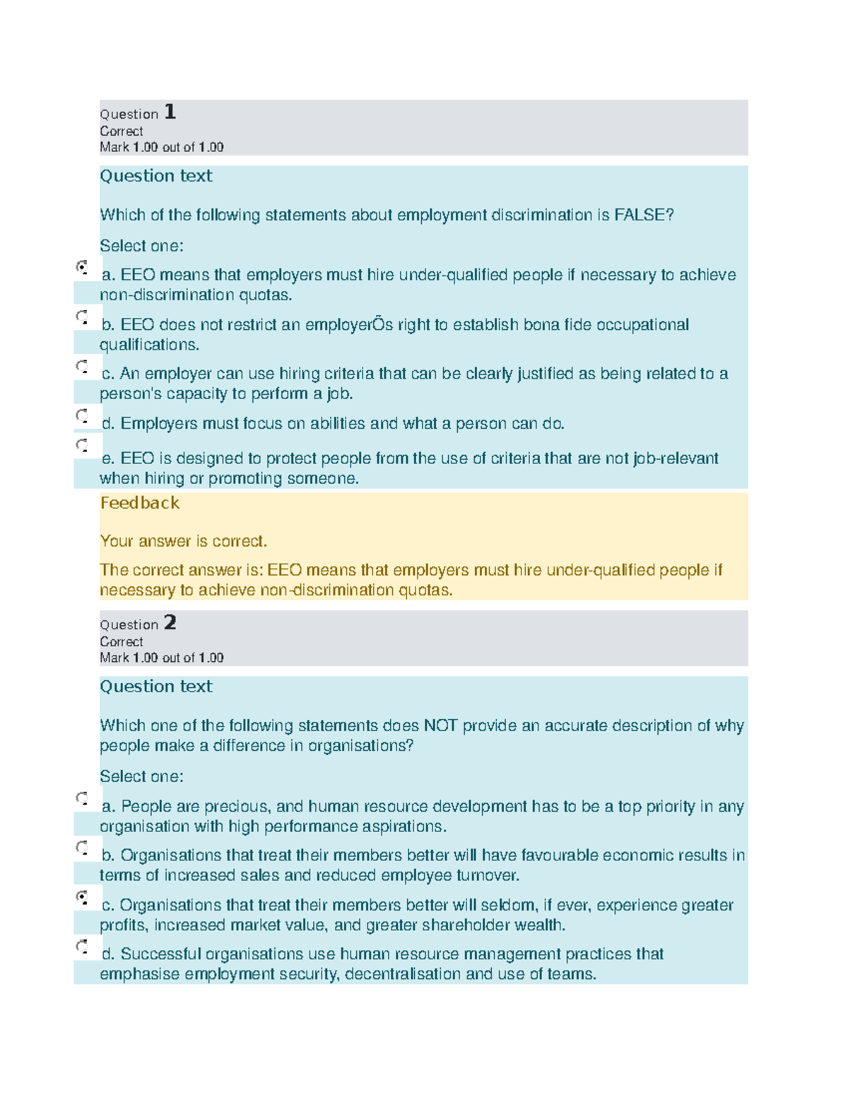 Quiz 7 - Human Resource Management - Question 1 Correct Mark 1 out of 1 ...