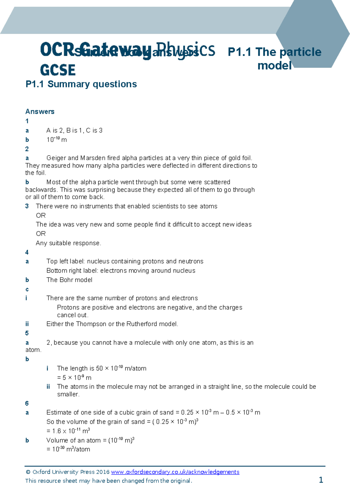 OCR Gateway Physics Combined P1 - P1 The particle model Student book ...