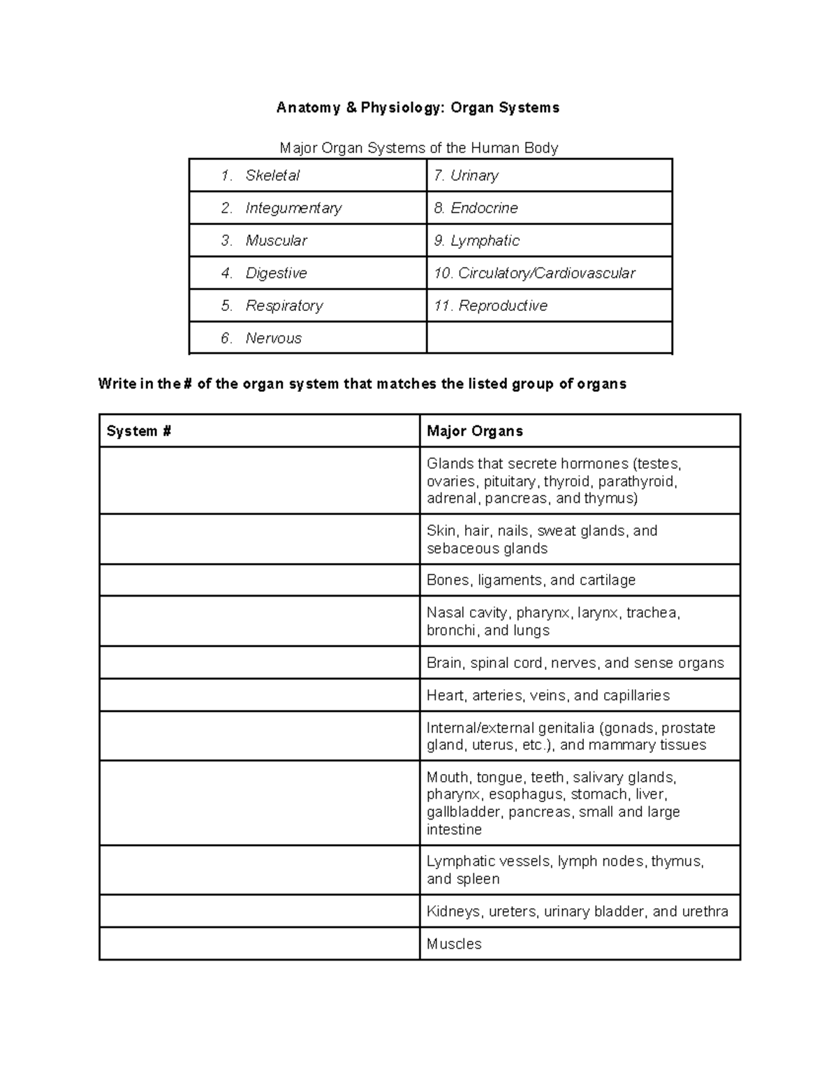 Anatomy & Physiology Organ Systems Blank 20-21 - Anatomy & Physiology ...