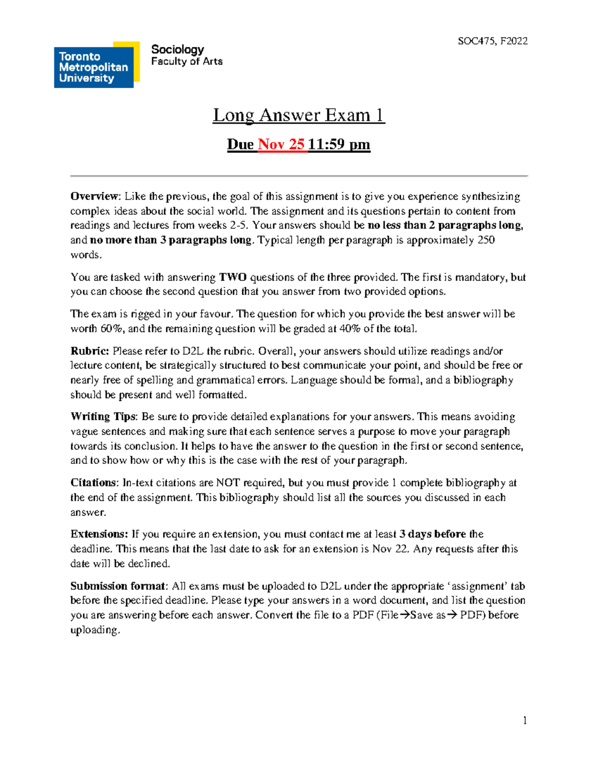 Long Answer Exam 2 - Soc475 - SOC475, F 1 Long Answer Exam 1 Due Nov 25 ...