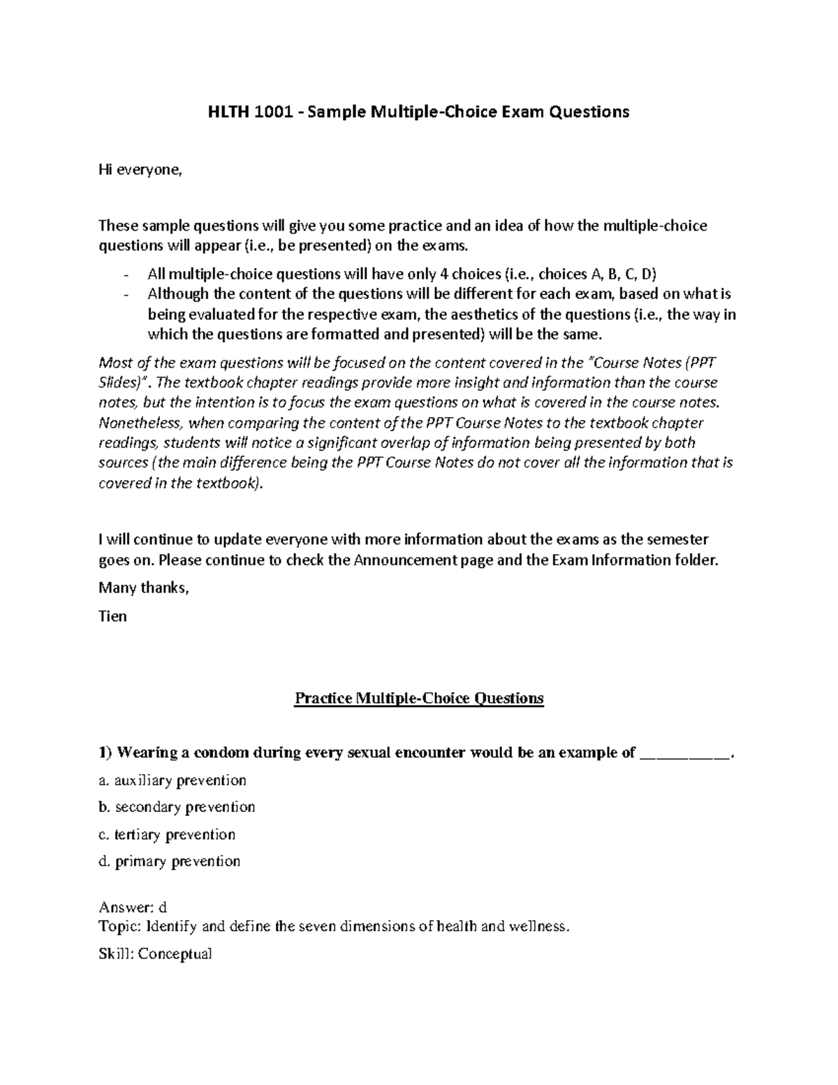 Sample (Practice) Multiple-Choice Questions HLTH1001 - HLTH 10 01 ...