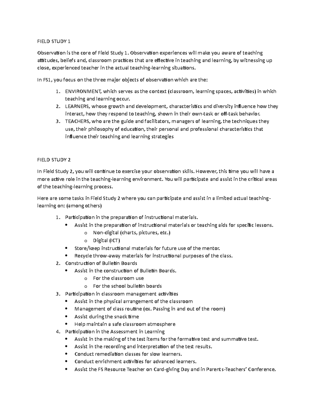 FS1 and FS2 Tasks - FIELD STUDY 1 Observation is the core of Field ...