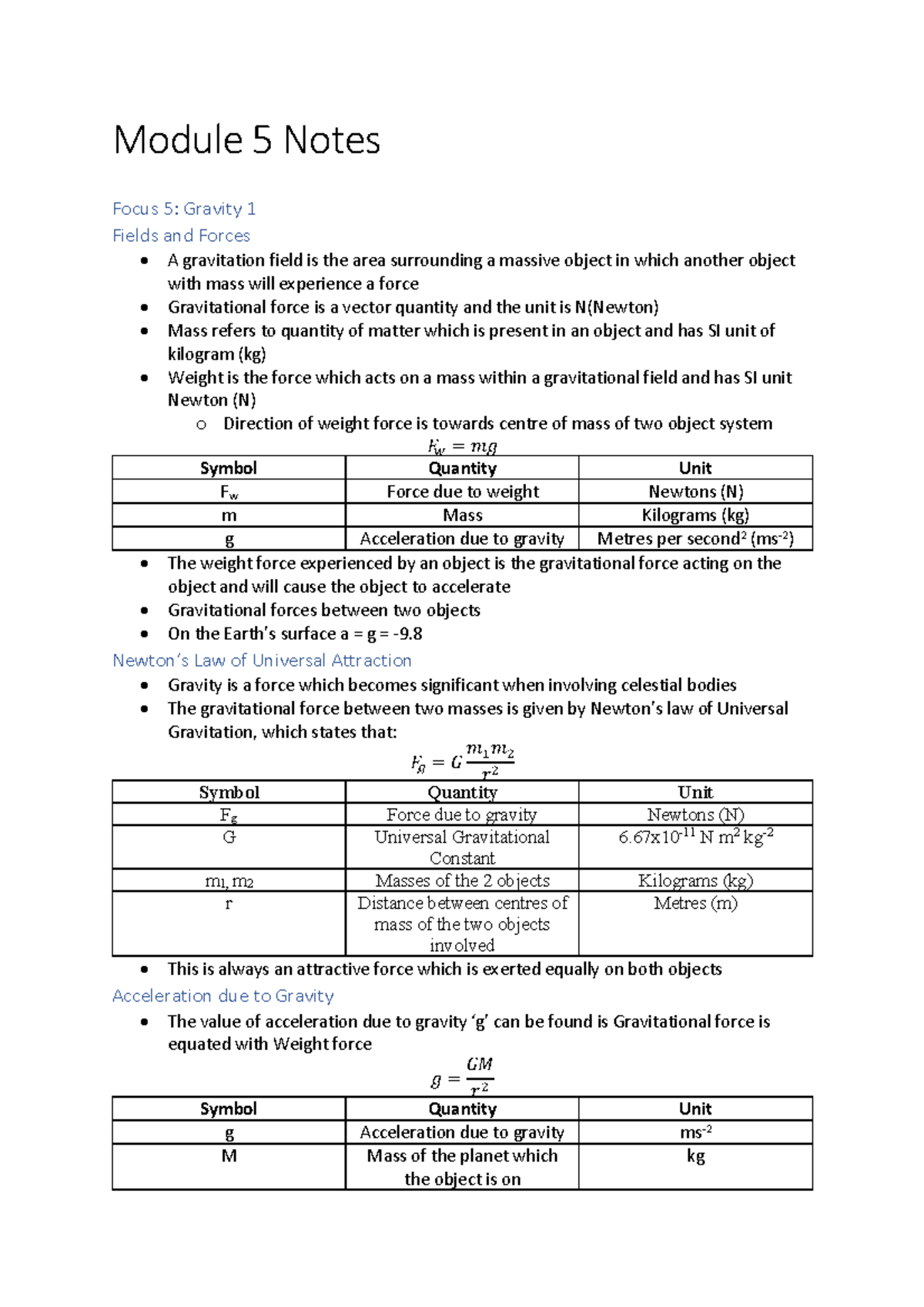 Module 5 Physics Notes - Module 5 Notes Focu s 5: Gravity 1 Fields and ...