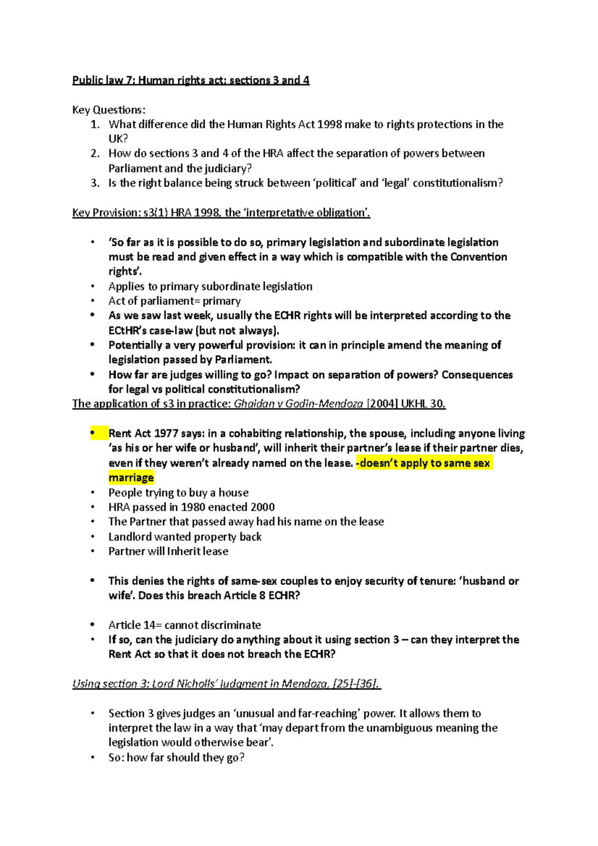 HRA Sections 3 and 4 - Human Rights Act section 3 & 4 revision notes ...