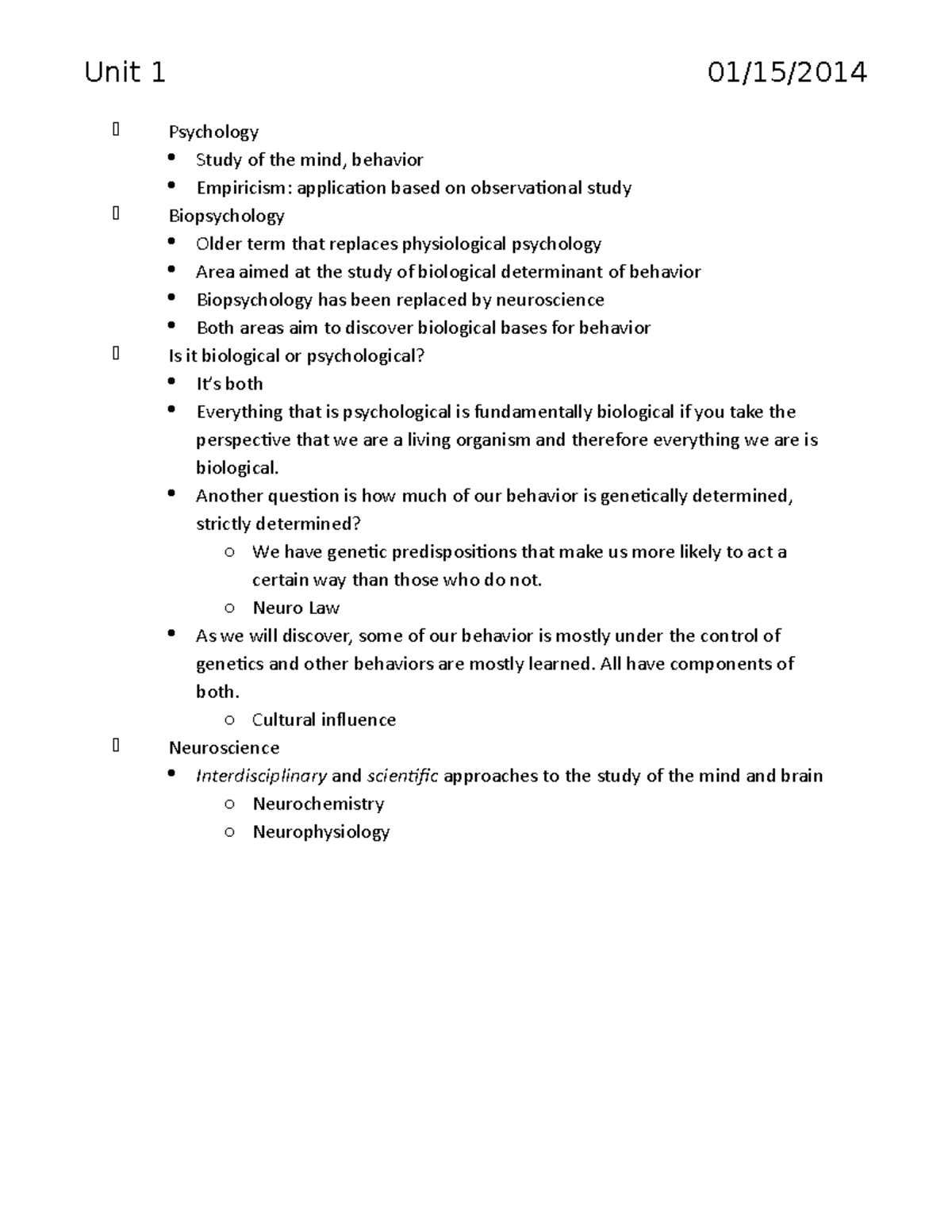 Unit 1 Notes-Intro to Neuroscience - Unit 1 01/15/2014 Psychology Study ...