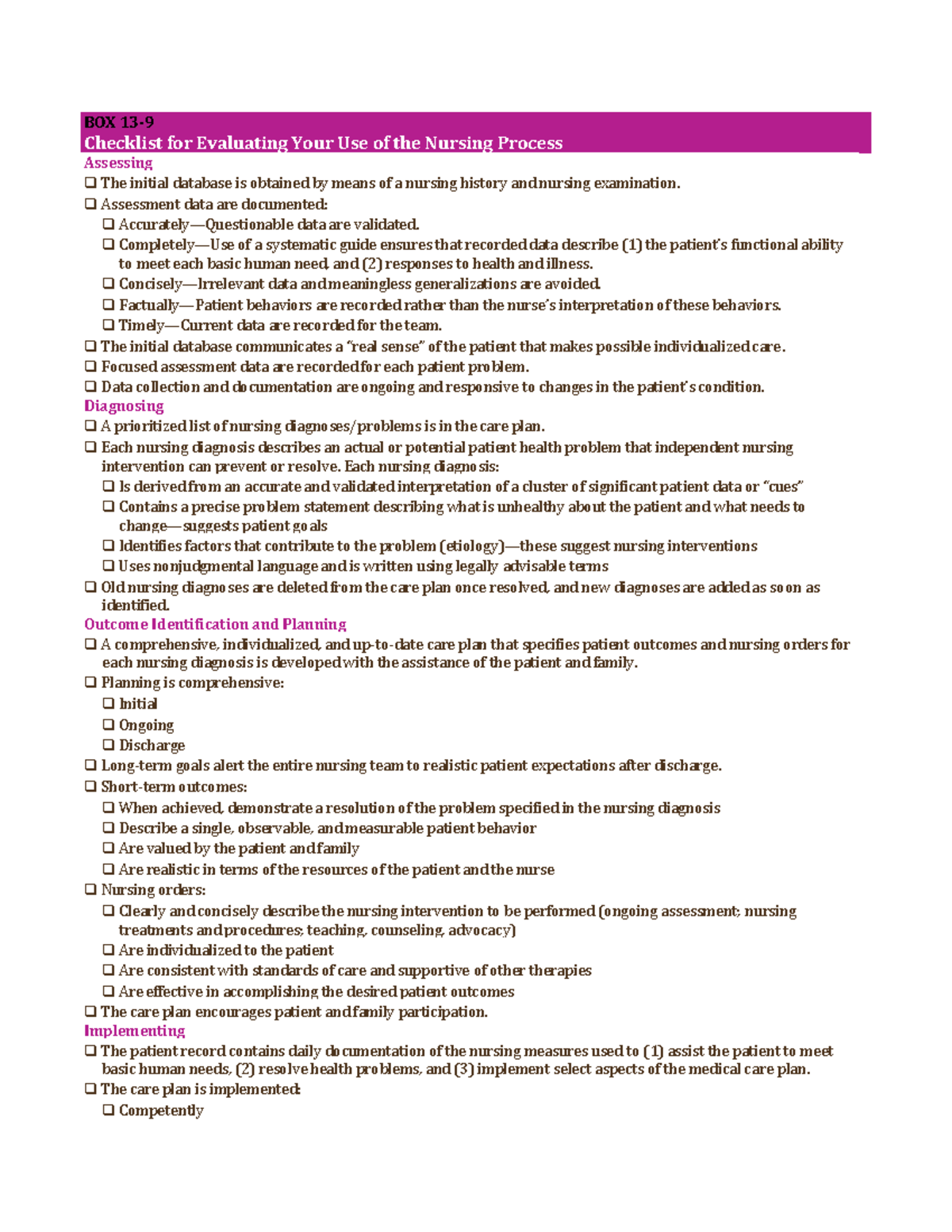 Nursing Process - class lec - BOX 13- Checklist for Evaluating Your Use ...