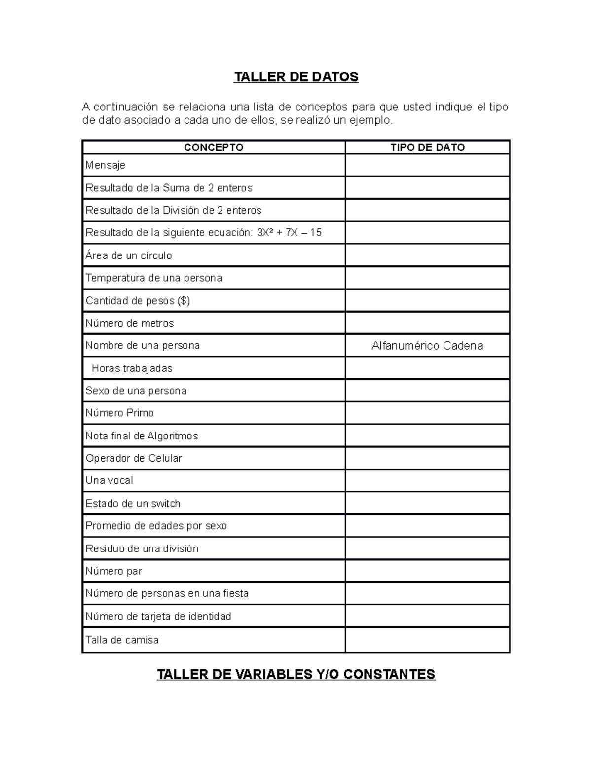 Taller EN Clases DE Datos Y Variables - TALLER DE DATOS A continuación ...