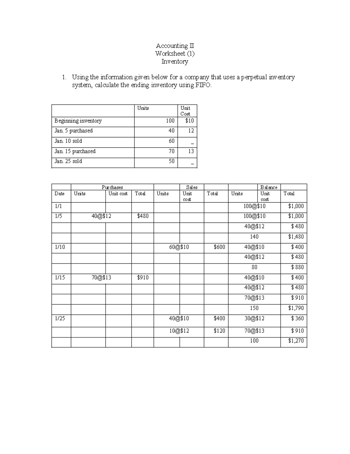 Worksheet 1 ch6 - pra - Accounting II Worksheet (1) Inventory 1. Using ...