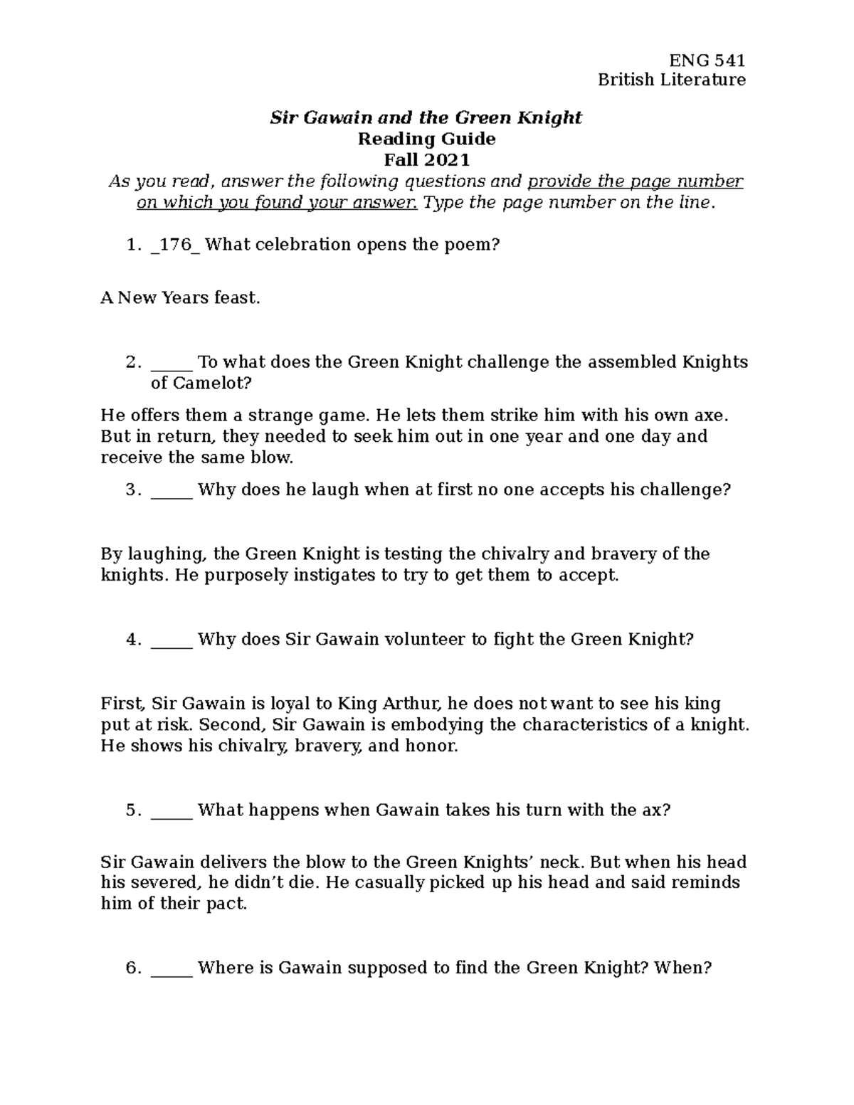 Sir G Questions - bihlvvi - ENG 541 British Literature Sir Gawain and ...