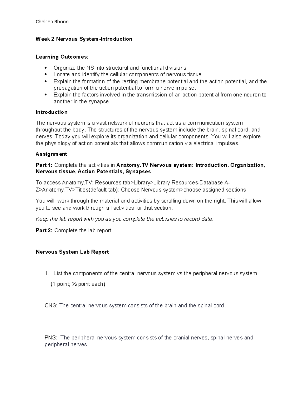 AP 2 WEEK 2 Final LABS BIO252 Online Labs BIOS252 Week 2 Nervous System Introduction C Rhone ...