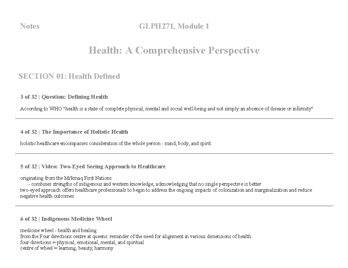 GLPH271 Module 1 Notes - Notes GLPH271, Module 1 Health: A ...