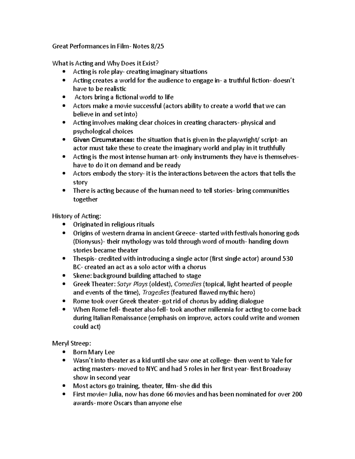 8:25 Notes - Great Performances in Film- Notes 8/25 What is Acting and ...