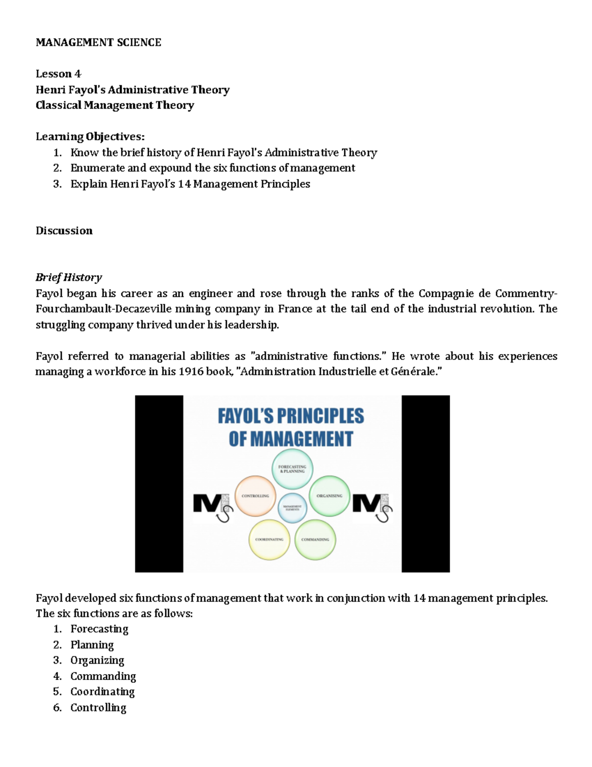 4Fayol+Admin+Theory - HENRY FAYOL - MANAGEMENT SCIENCE **Lesson 4 Henri ...