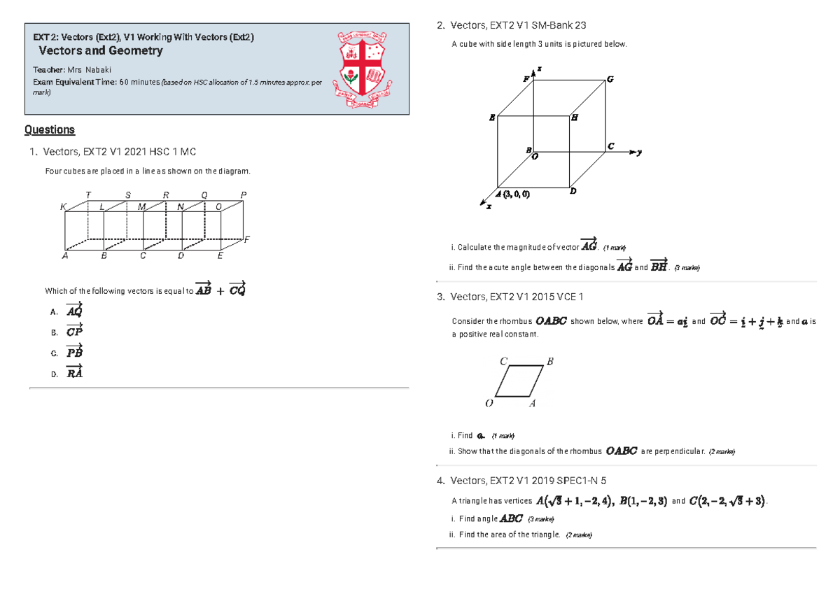 3 Revision HSC Vectors and geometry - 1. Vectors, EXT2 V1 2021 HSC 1 MC ...