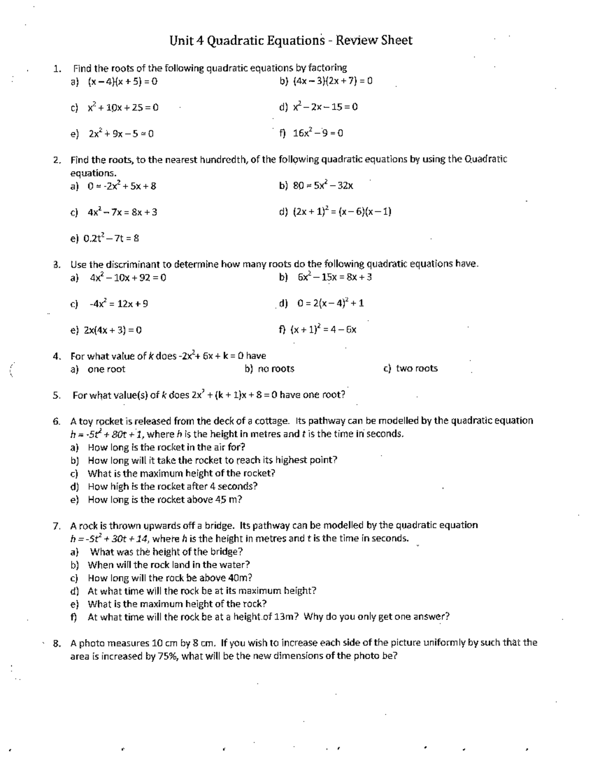 Solutions - Chapter 4 Review - Unit 4 Quadratic Equations Review Sheet ...
