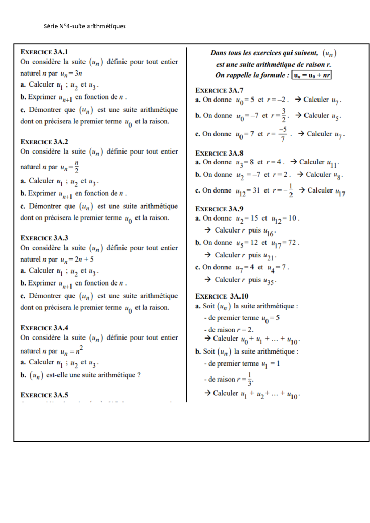 Série N°4 suite arith - Série arithmétiques EXERCICE 3A Dans tous les ...