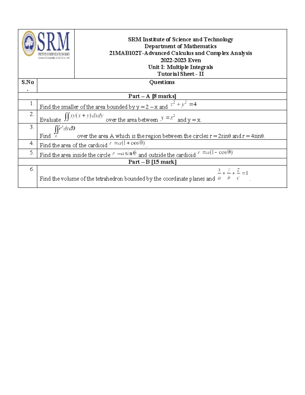 Tutorial 2 - SRM Institute of Science and Technology Department of ...