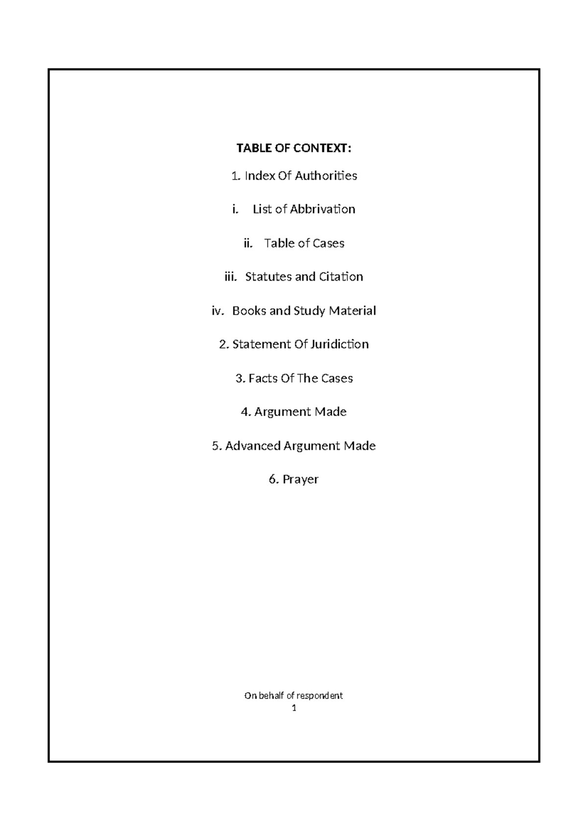 Consumer respondent - TABLE OF CONTEXT: 1. Index Of Authorities i. List ...