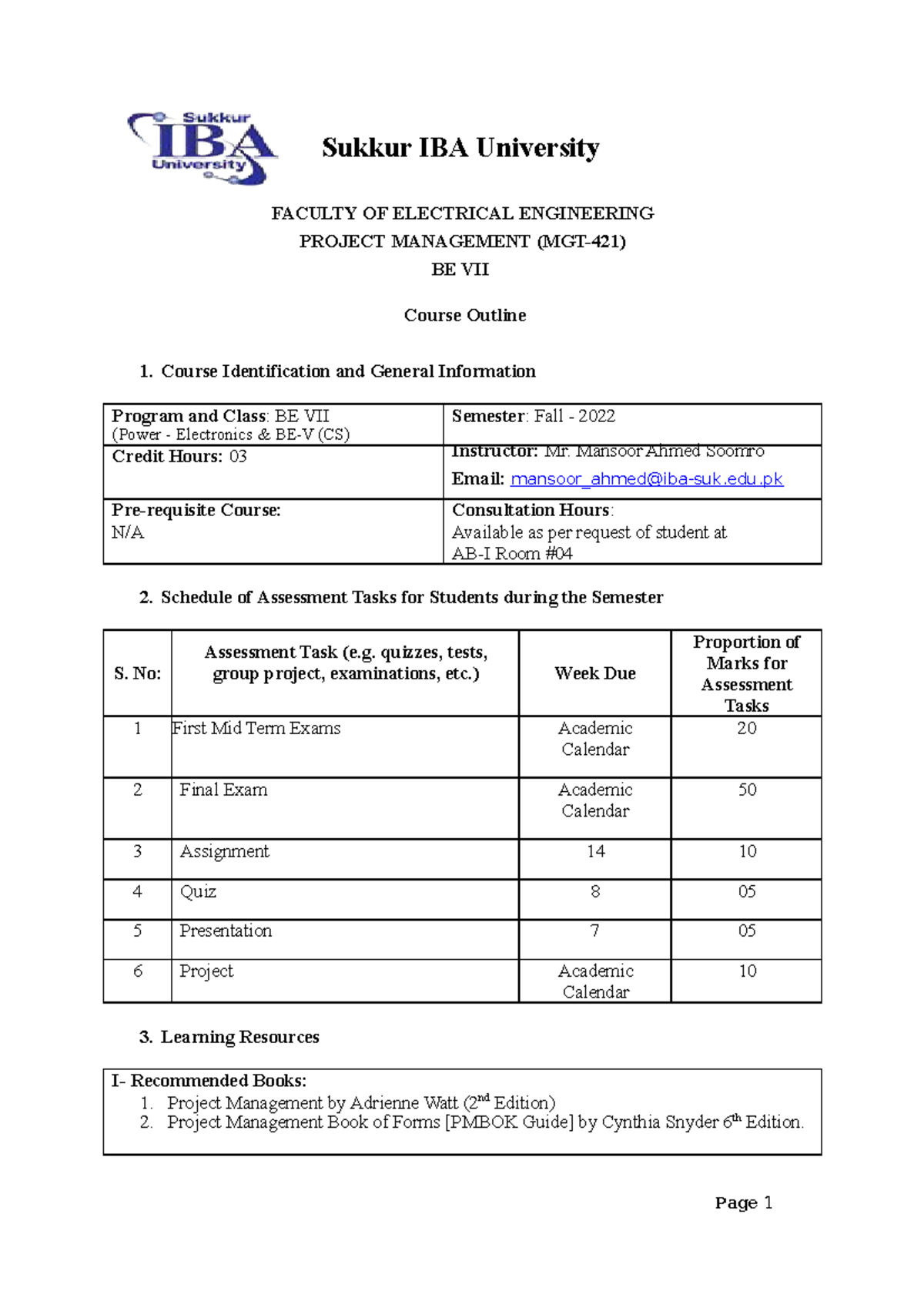 Project Management Course Outline- Fall 2022 - Page 1 Sukkur IBA ...