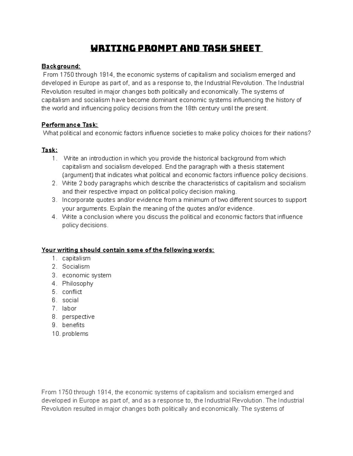 Andrew Rachels - Capitalism & Socialism Writing Task - Writing Prompt ...
