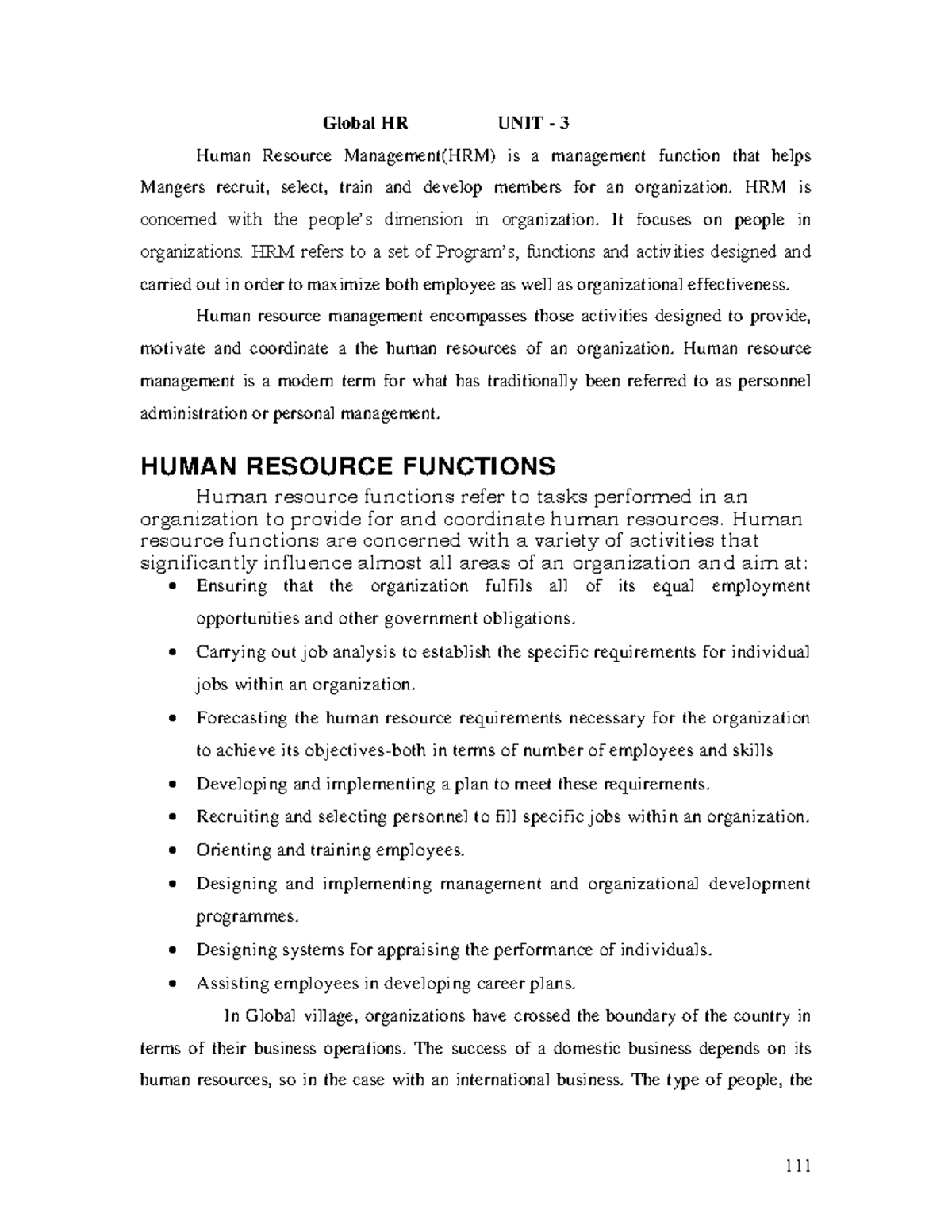 HRM(U3) - Human Resources Management Lecture Notes - Global HR UNIT - 3 ...