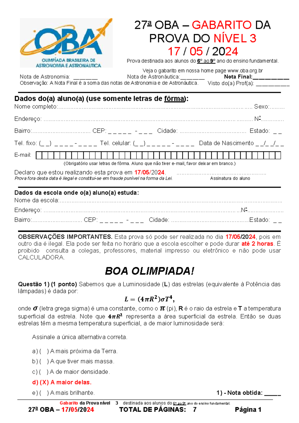 Prova nível 3 da 27 OBA de 2024 - Gabarito-compactado - Gabarito da ...