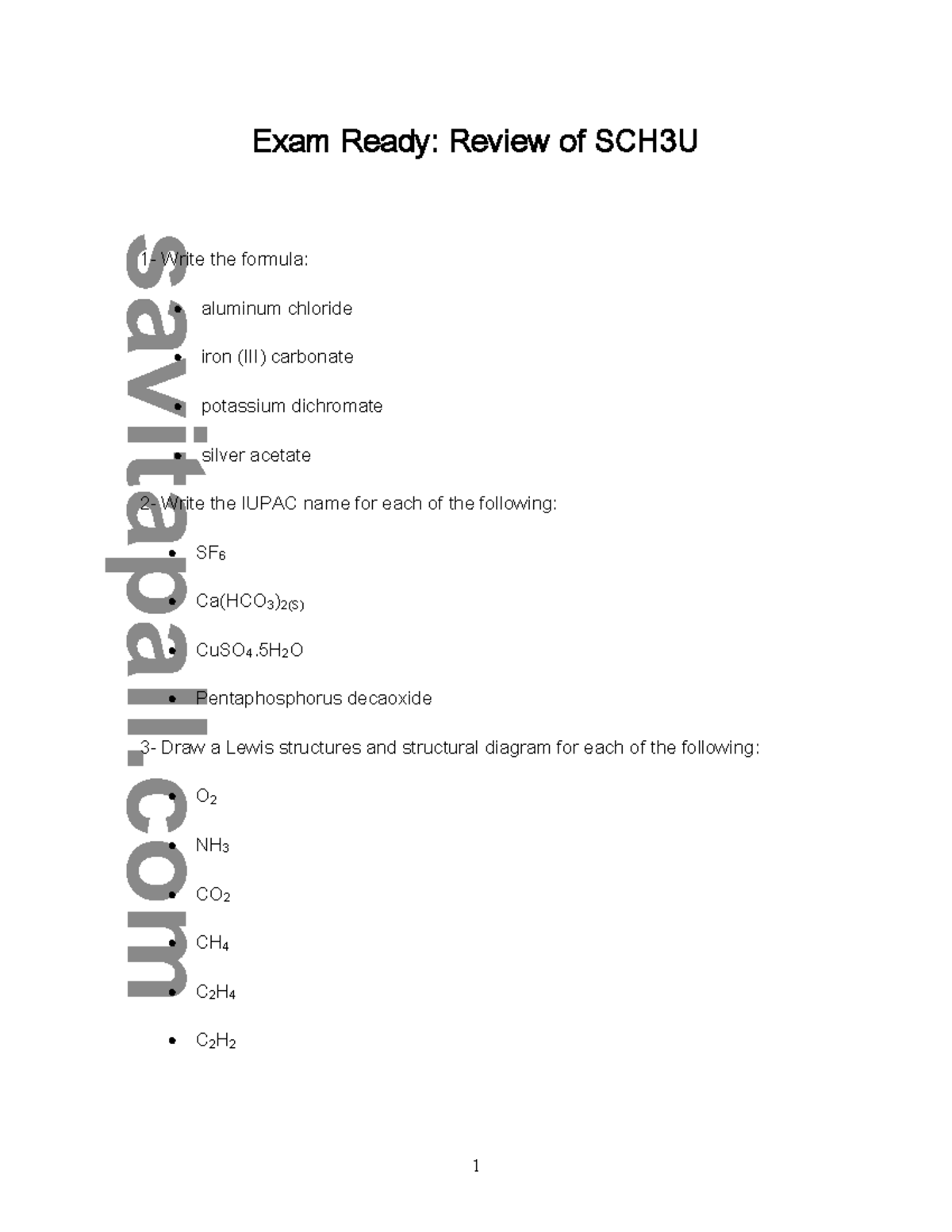 Exam Ready-Review-3U-2018 - Exam Ready: Review of SCH 3 U 1- Write the ...