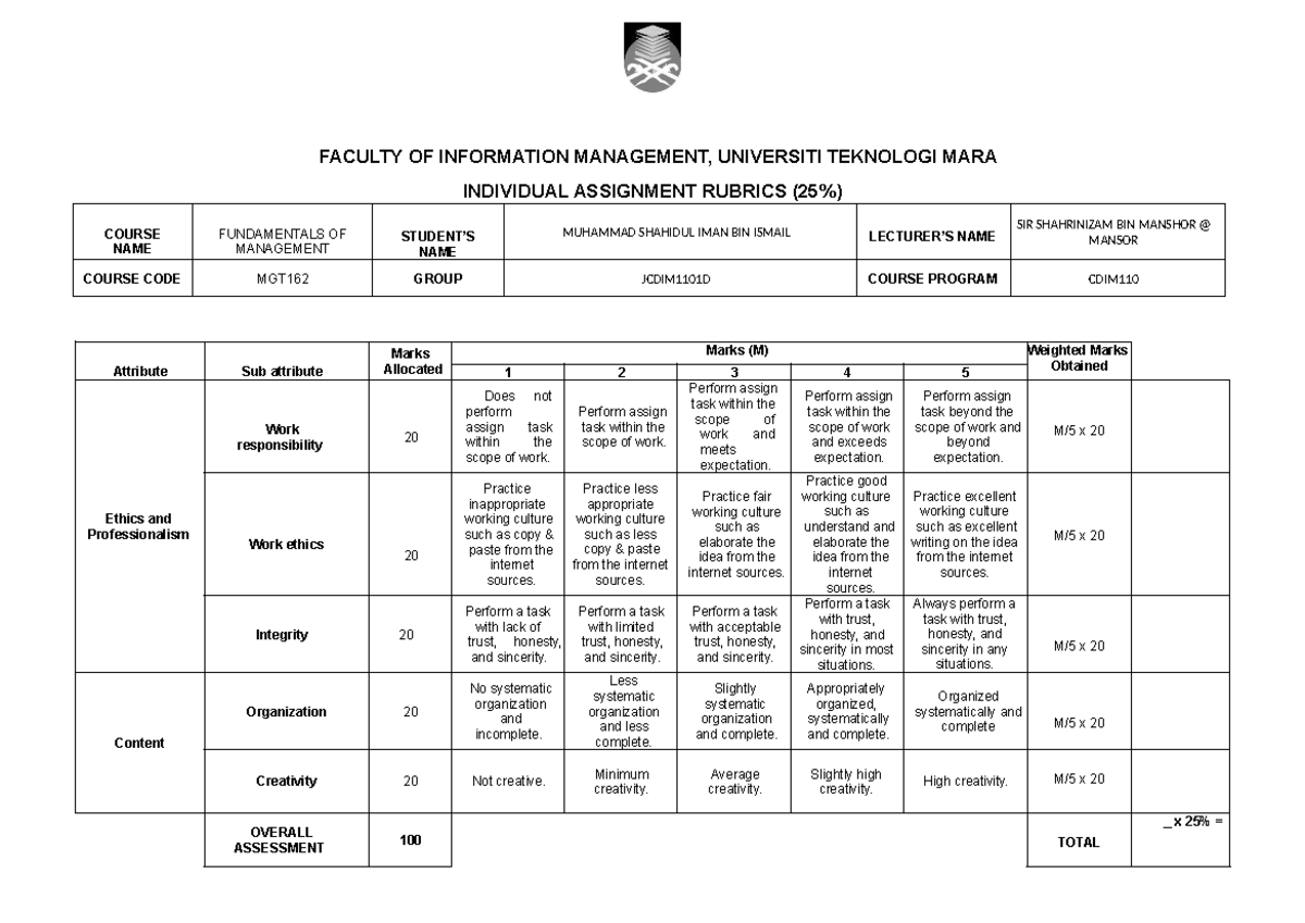 Mgt162 Rubric Individual Assignment October 2023 Faculty Of