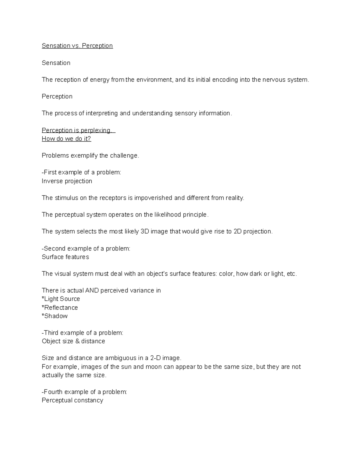 Chapter 3 - Applied Cognition - Sensation vs. Perception Sensation The ...