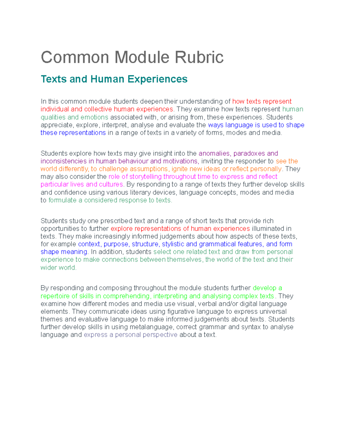Common Module Rubric - Common Module Rubric Texts and Human Experiences ...
