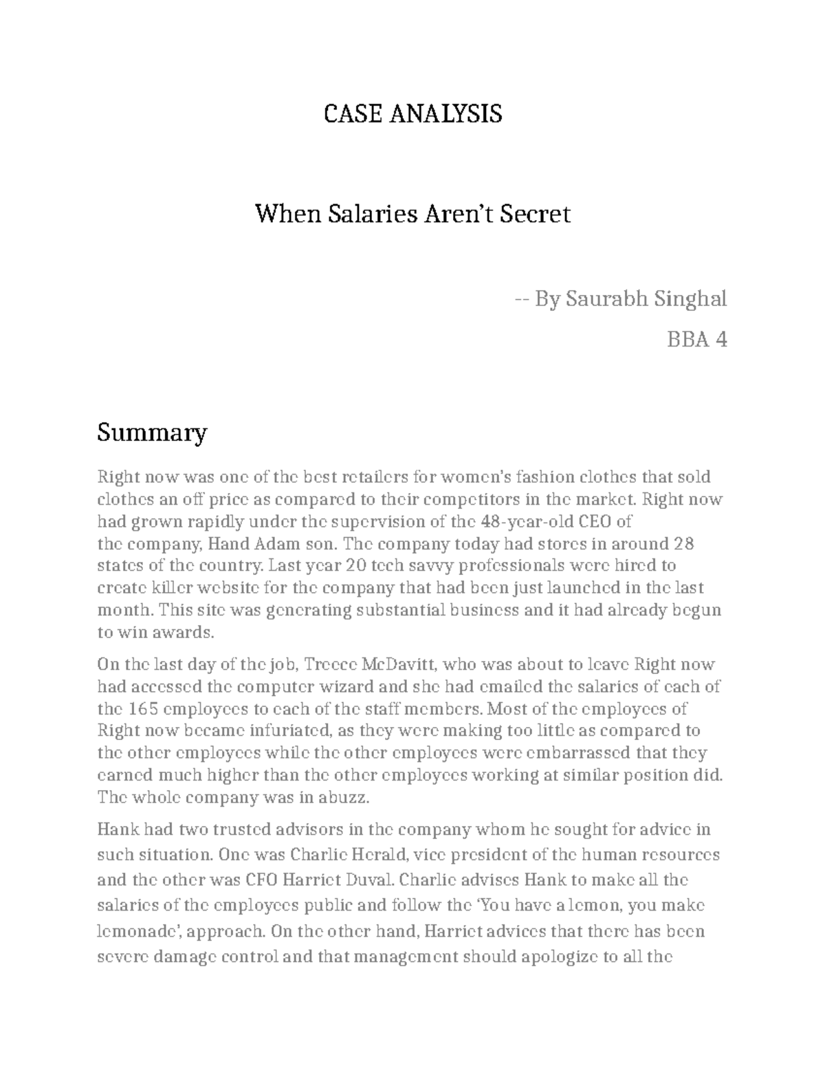 HRM Assignment Saurabh BBA 4 - CASE ANALYSIS When Salaries Aren’t Secret - By Saurabh Singhal ...