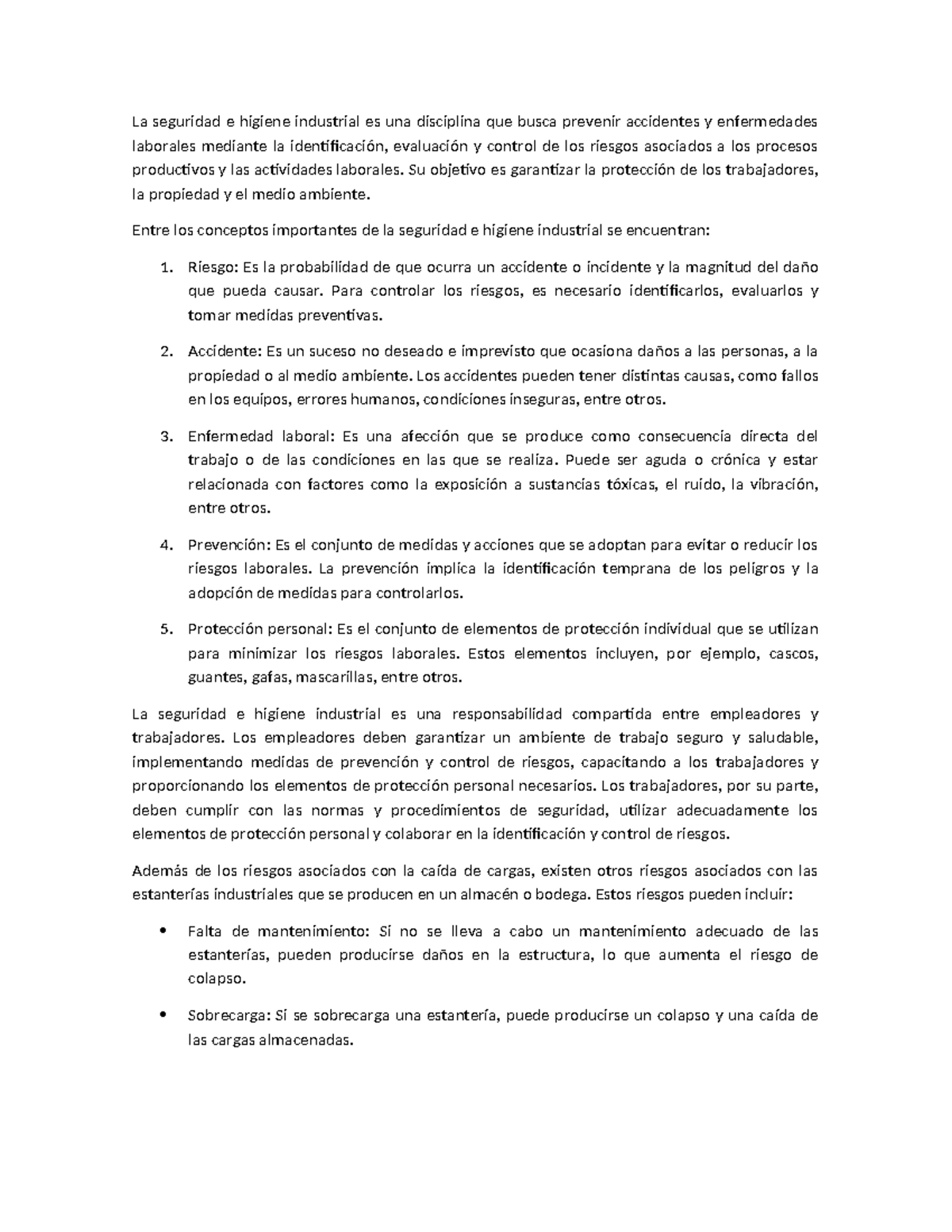 1.2 Higiene y Seguridad Industrial en el Área de Almacenes, Bodega y ...