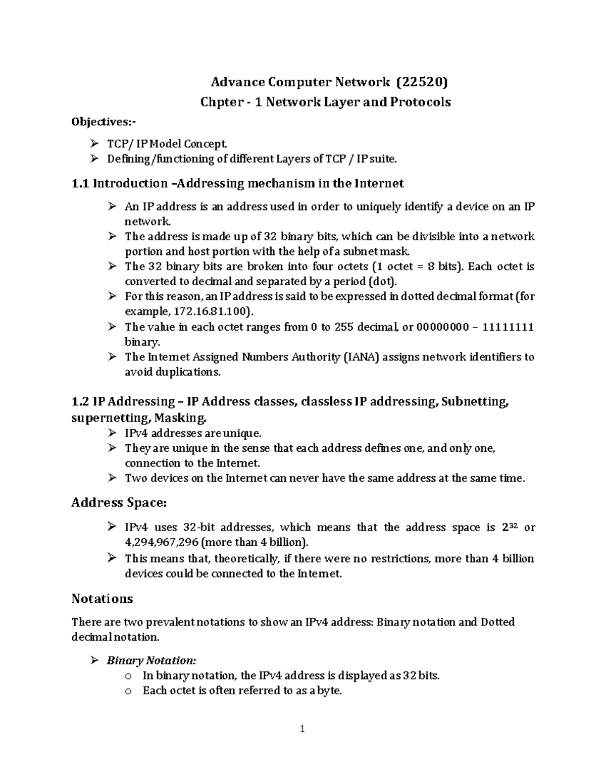 CH 1 IP addressing - Objectives:- TCP/ IP Model Concept. Defining/functioning of different - Studocu