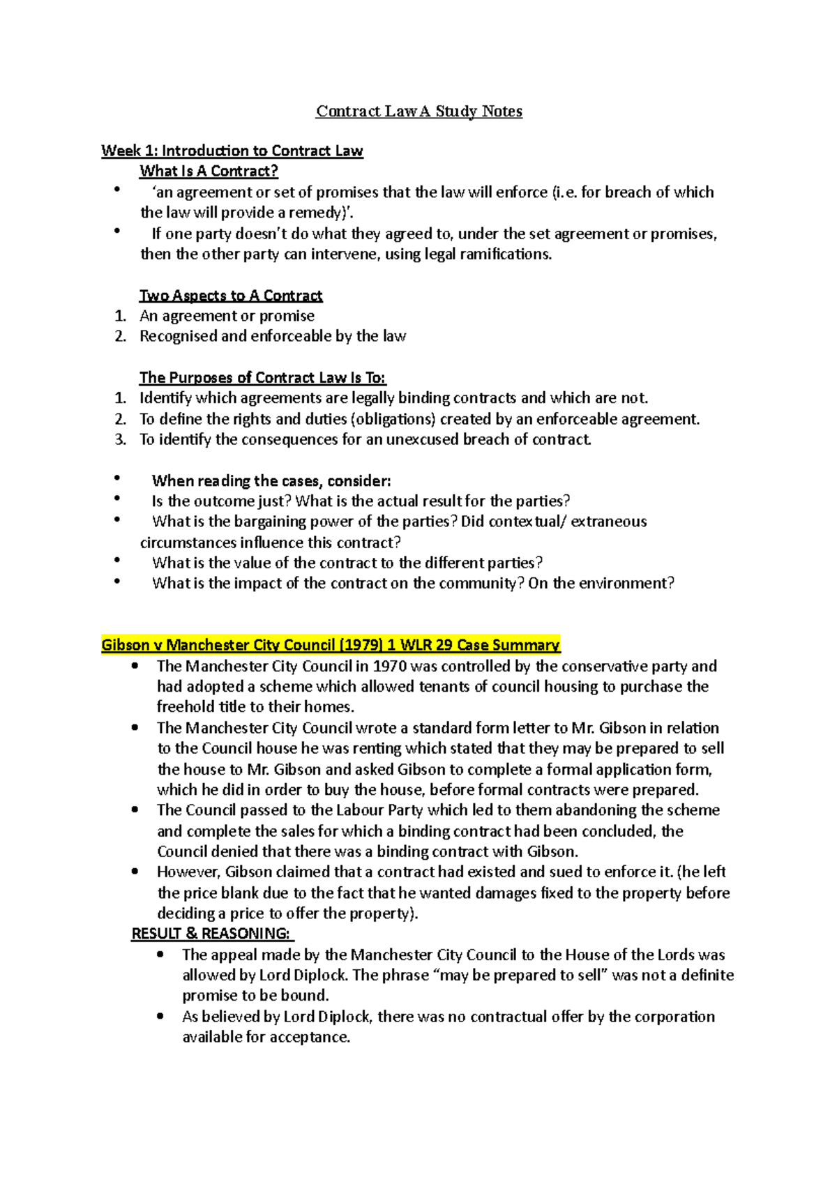 Contract Law A Study Notes - for breach of which the law will provide a ...