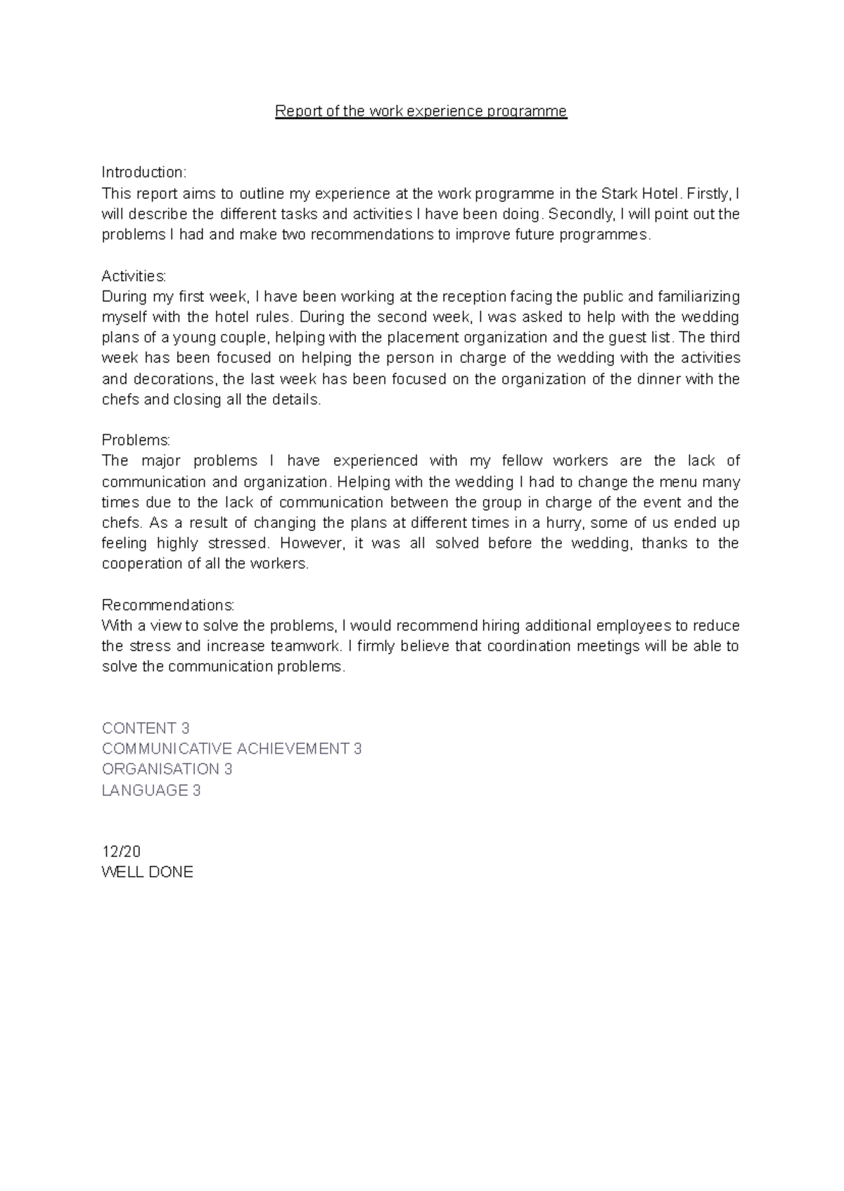 Final Report Advance - Report of the work experience programme ...