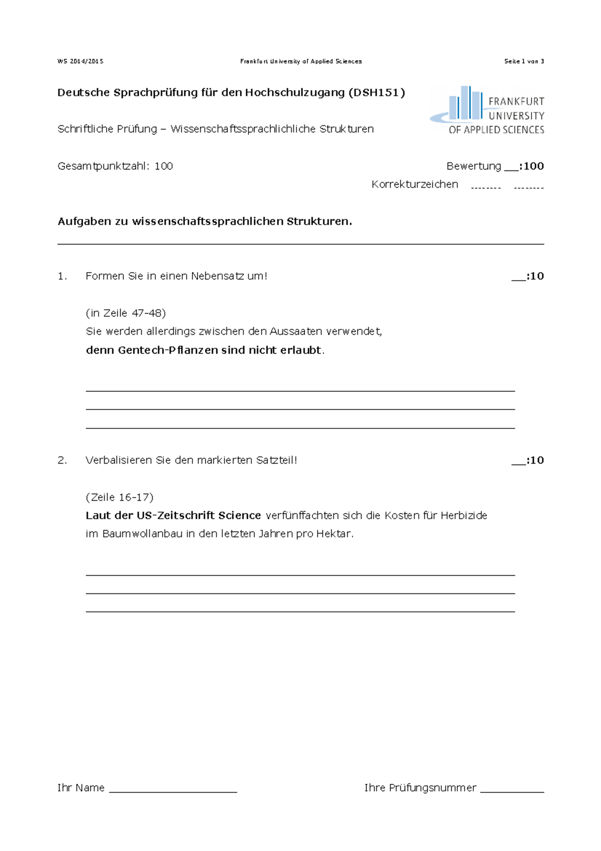 WS Aufgaben 151 WS Probe DSH 151 WS 2014 2015 Frankfurt University