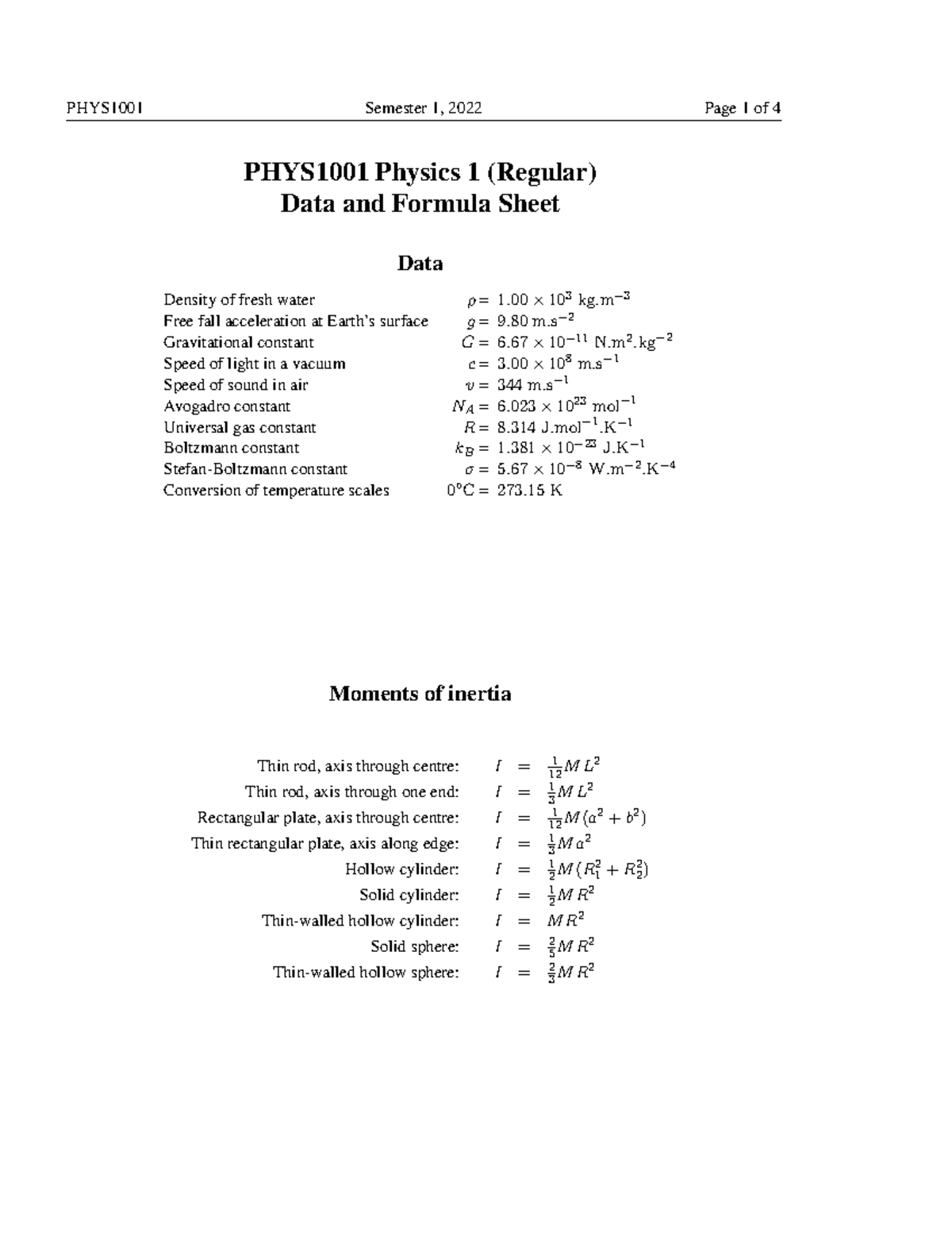 PHYS1001 formula sheet 2022S1 - PHYS1001 Physics 1 (Regular) Data and ...