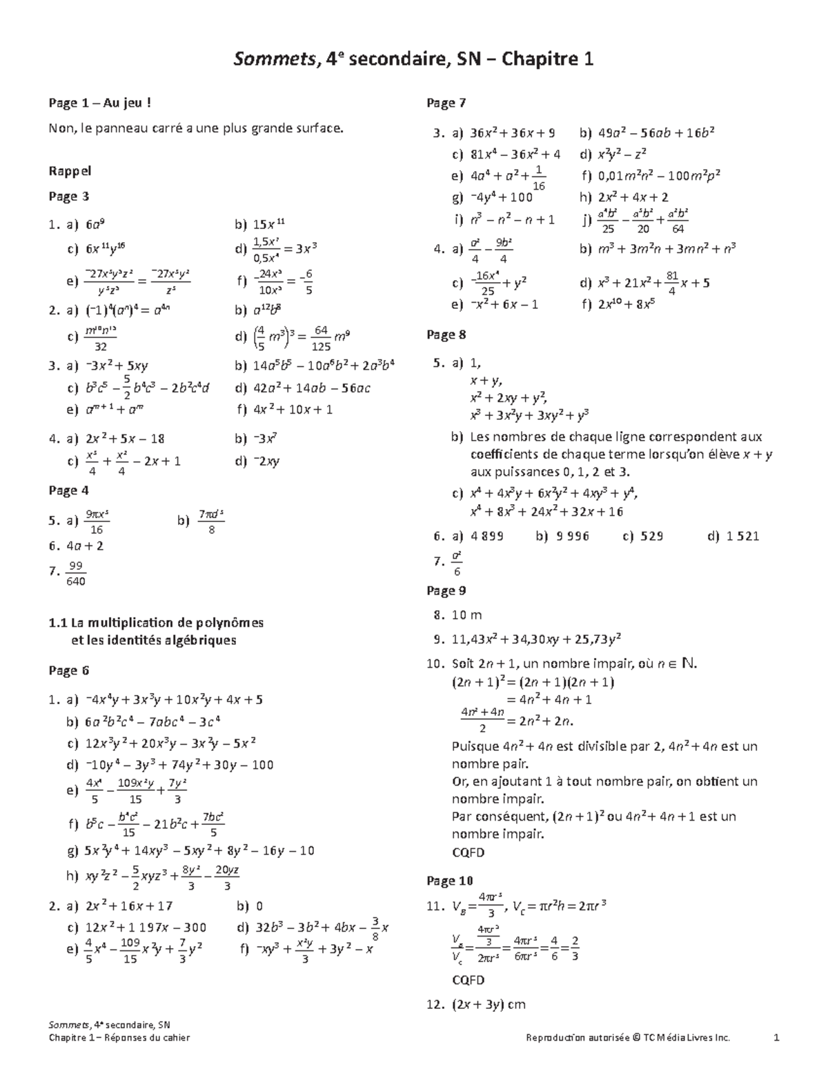 Sommets 4 SN reponses cahier chap1 1700757916 - Sommets, 4e secondaire, SN Chapitre 1 − Réponses ...