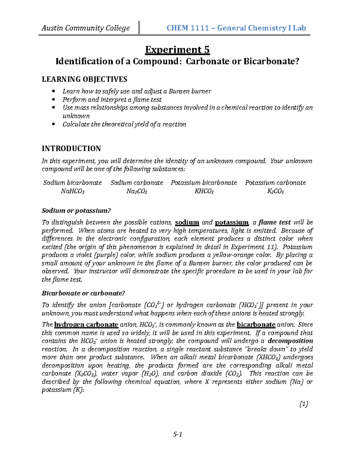 Ex 5 Carbonate Bicarbonate - Experiment 5 Identification of a Compound ...