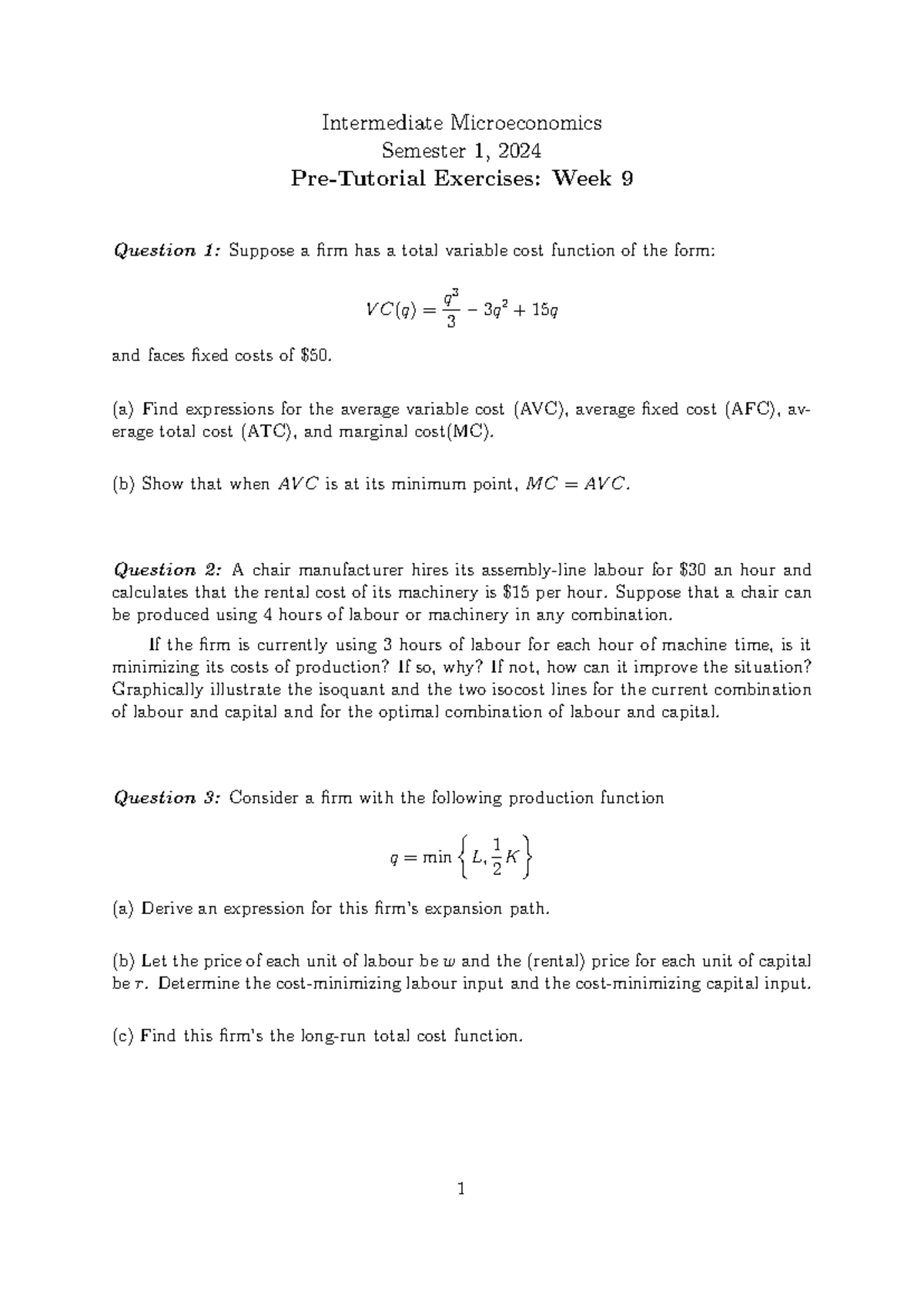Pre Tute Wk09 IM 2024 - Intermediate Microeconomics Semester 1, 2024 Pre-Tutorial Exercises ...