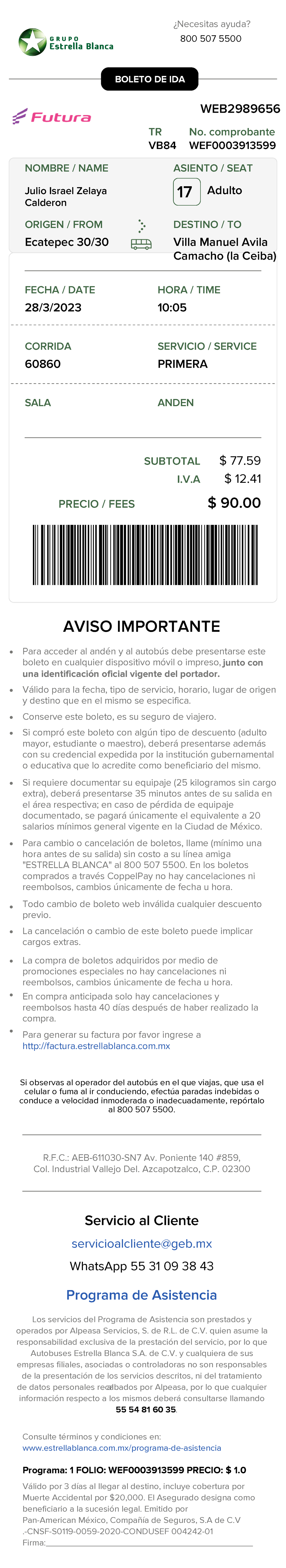 Boletos - ¿Necesitas ayuda? 800 507 5500 BOLETO DE IDA TR No ...
