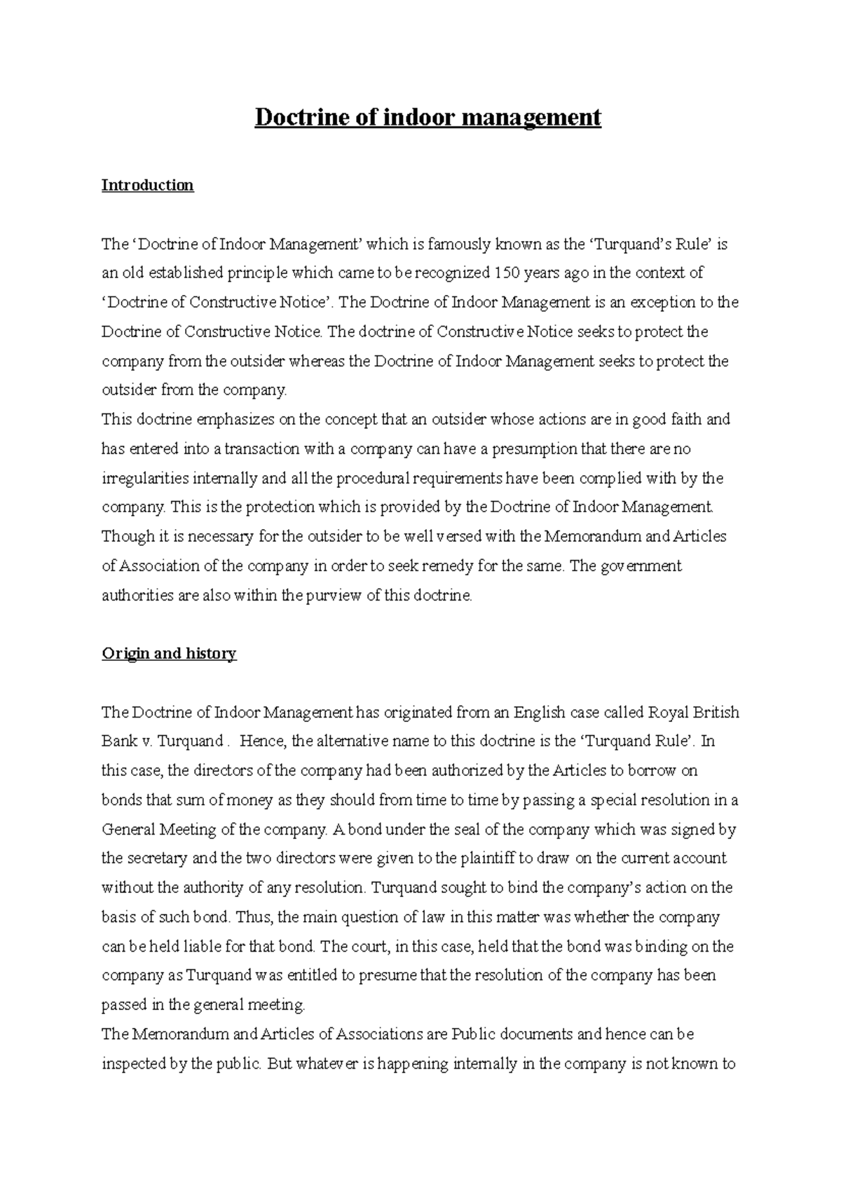 Doctrine of indoor management. - Doctrine of indoor management ...