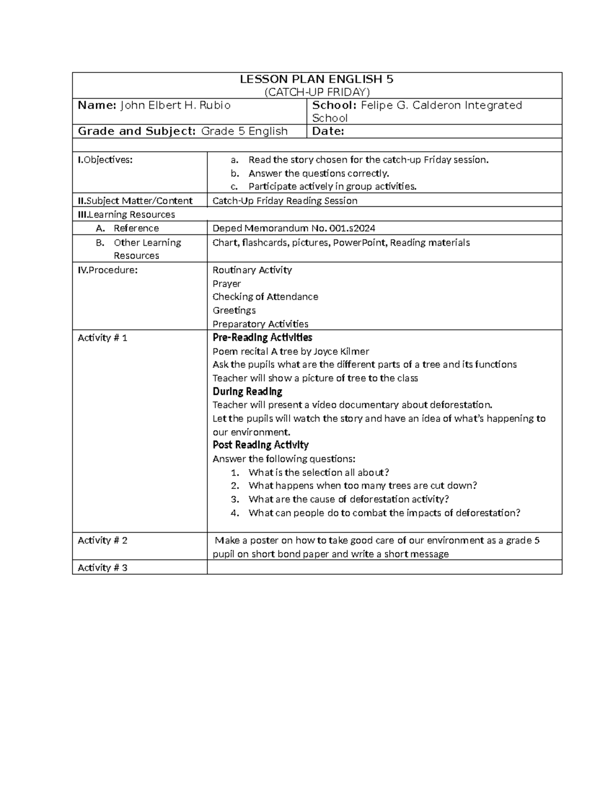 Catch up friday lesson plan - LESSON PLAN ENGLISH 5 (CATCH-UP FRIDAY ...