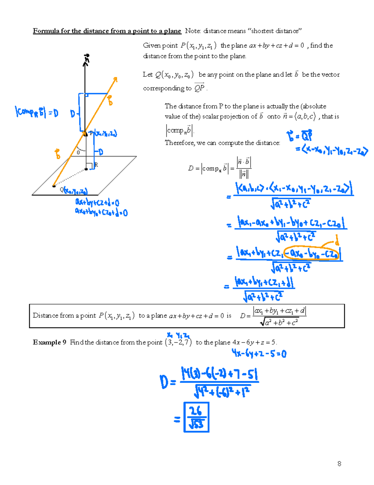 Formula for the distance from a point to a plane - Let Q x y z ( 0 , 0 ...