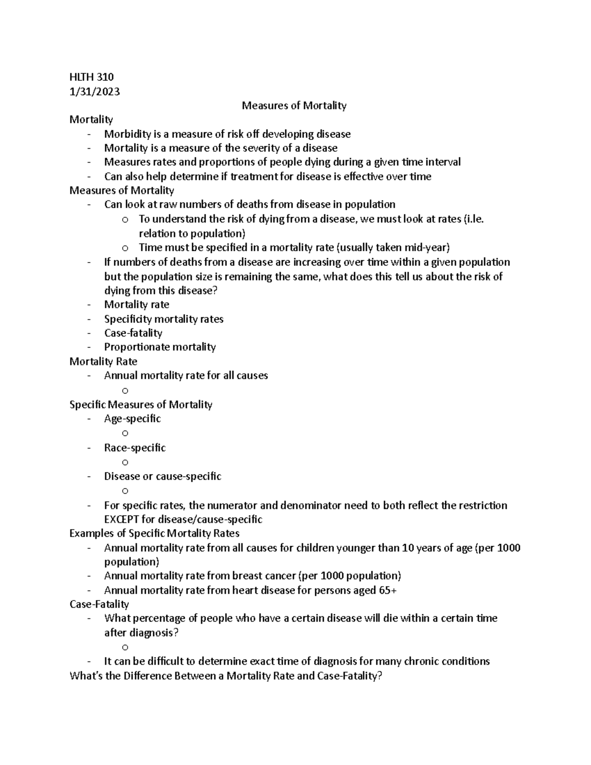 Measures of Mortality - In class notes - HLTH 310 1/31/ Measures of ...