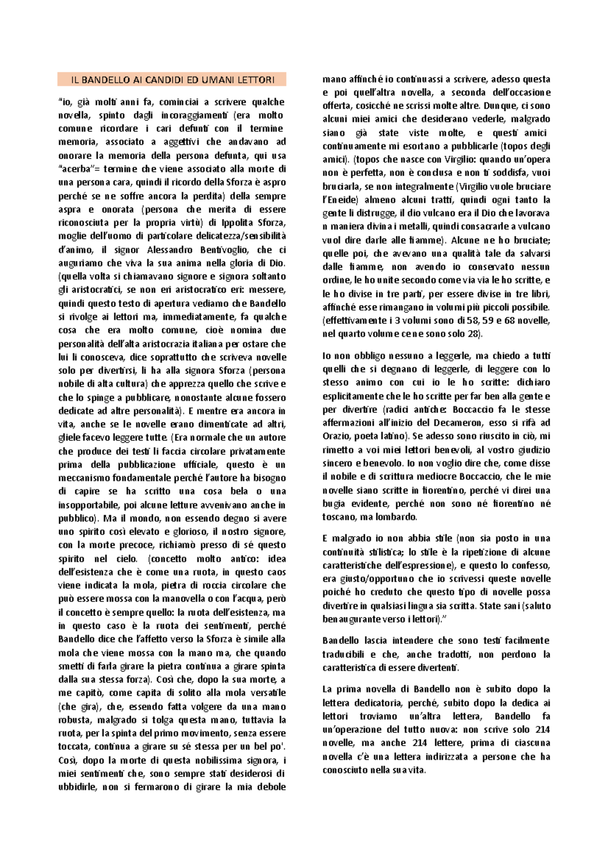 Novelle di Matteo Bandello - Letteratura Italiana - Uniecampus - Studocu