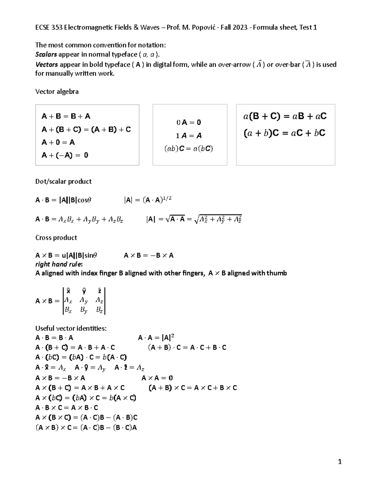 ECSE352-Fall2023 Test1-Formula Sheet - ECSE 353 Electromagne1c Fields ...
