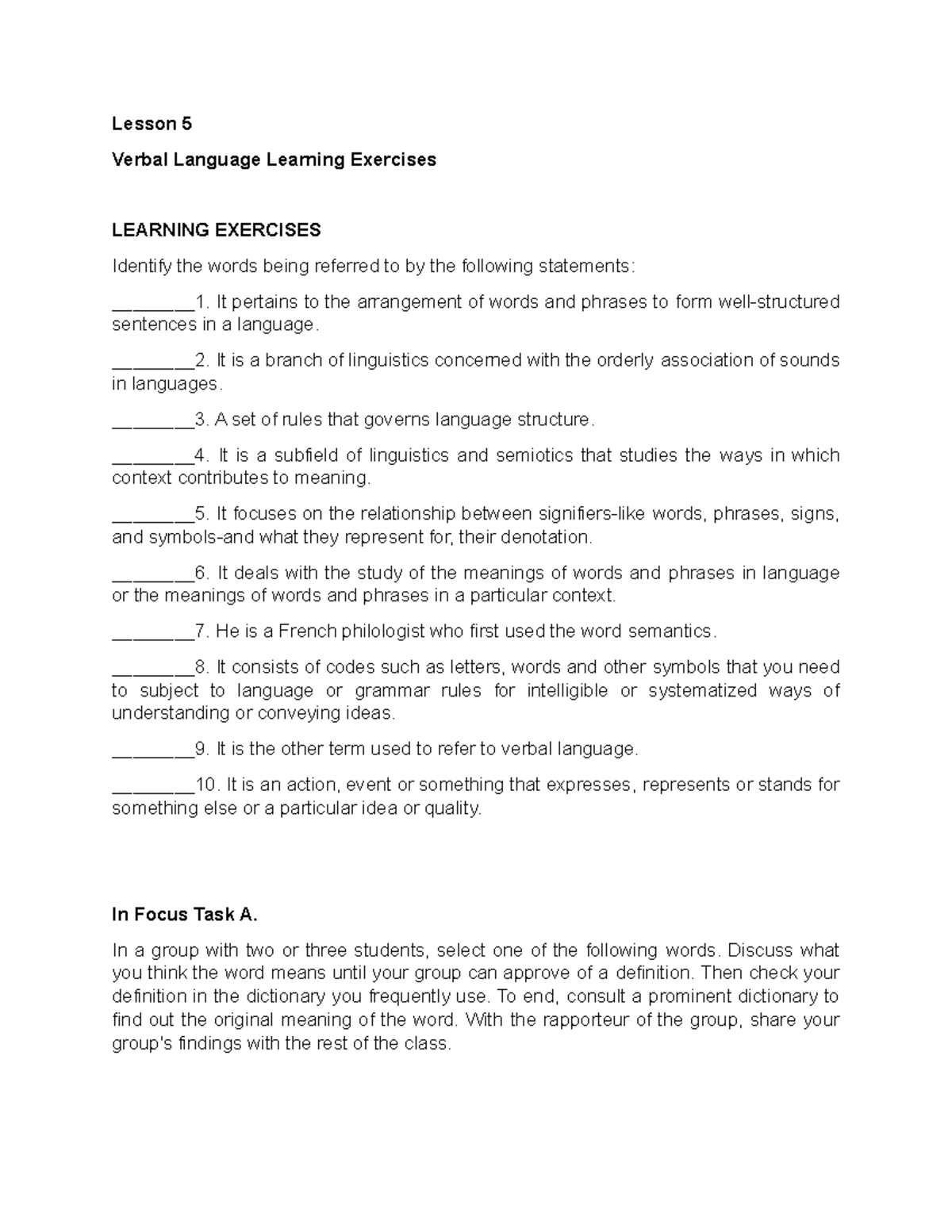 Verbal Language Learning Exercises Lesson 5 Verbal Language Learning