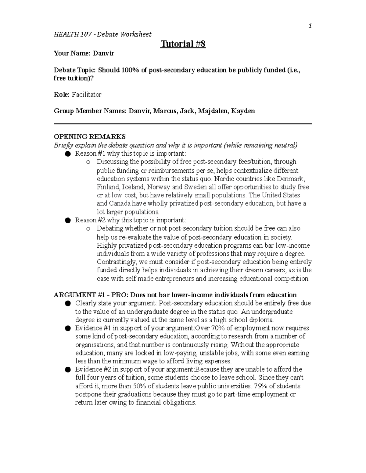 Danvir Sandhu's Tutorial 8 - Class Worksheet - Facilitator - 1 HEALTH ...